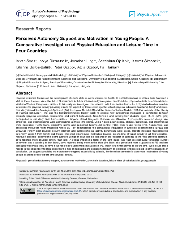 (PDF) Perceived autonomy support and motivation in young people: A ...