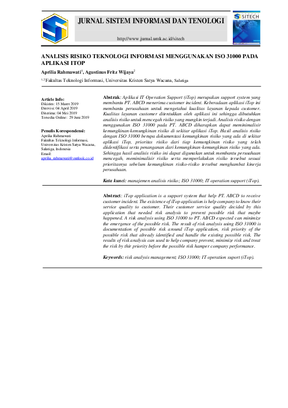 (PDF) Analisis Risiko Teknologi Informasi Menggunakan ISO 31000 Pada Aplikasi ITOP