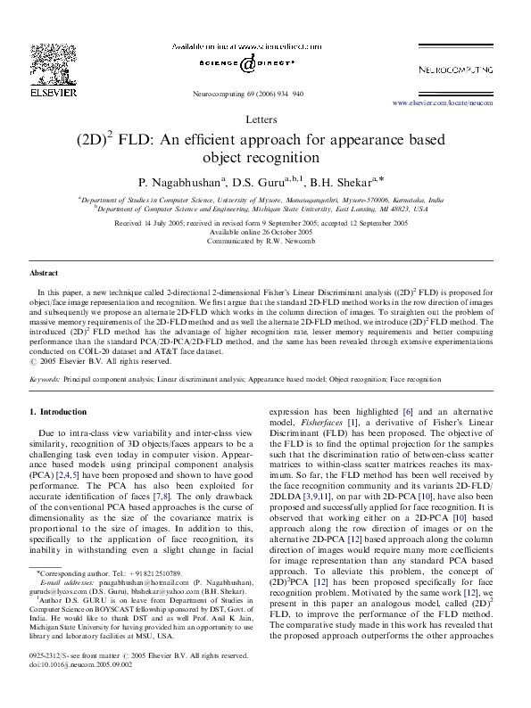 (PDF) (2D)2 FLD: An efficient approach for appearance based object recognition