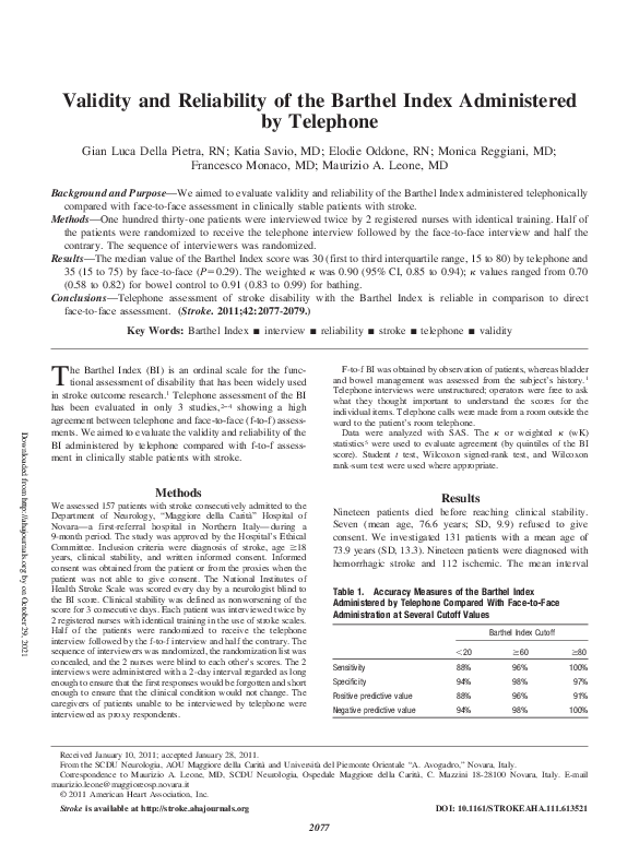 (PDF) Validity and Reliability of the Barthel Index Administered by Telephone