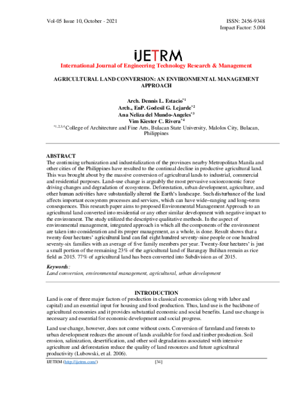 (PDF) AGRICULTURAL LAND CONVERSION: AN ENVIRONMENTAL MANAGEMENT APPROACH