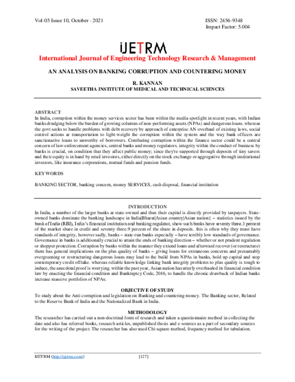 (PDF) AN ANALYSIS ON BANKING CORRUPTION AND COUNTERING MONEY | Ijetrm ...
