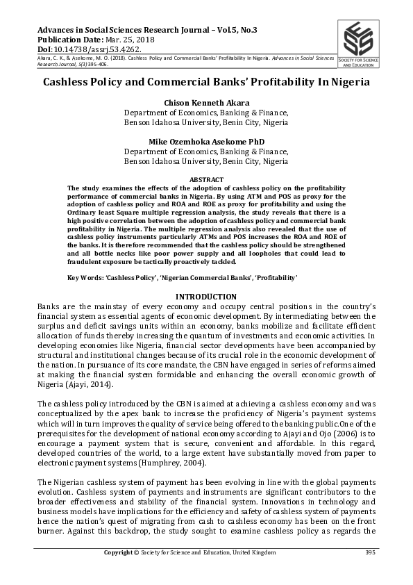 (PDF) Cashless Policy And Commercial Banks’ Profitabilty In Nigeria