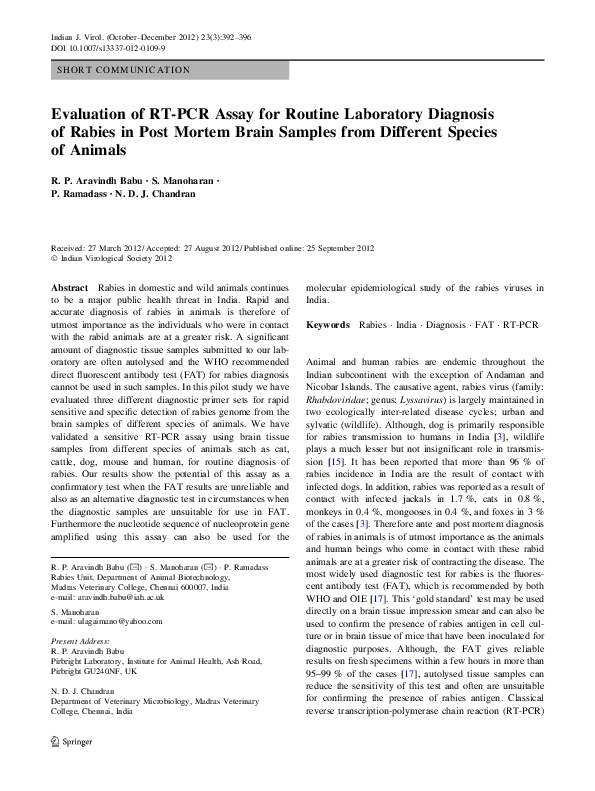 (PDF) RT-PCR Assay for Diagnosing Rabies in Animals