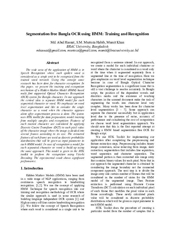 (PDF) Segmentation free Bangla OCR using HMM: Training and recognition ...