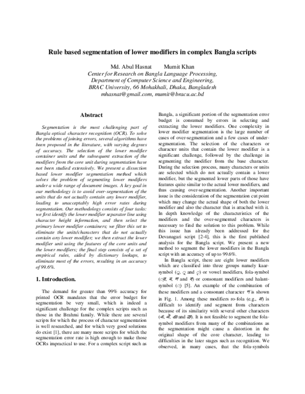 (PDF) Rule Based Segmentation of Lower Modifiers in Complex Bangla Scripts