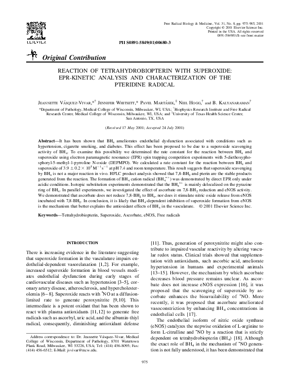 (PDF) Reaction of tetrahydrobiopterin with superoxide: EPR-kinetic ...