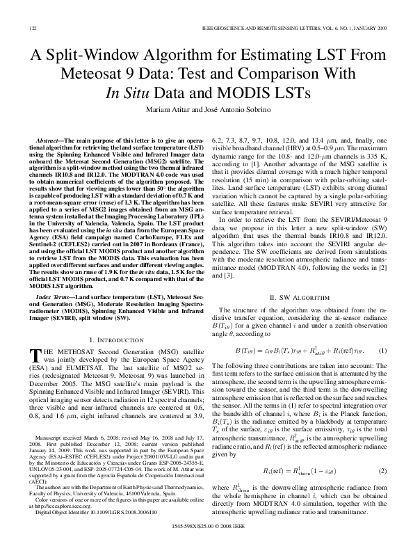 Pdf A Split Window Algorithm For Estimating Lst From Meteosat 9 Data