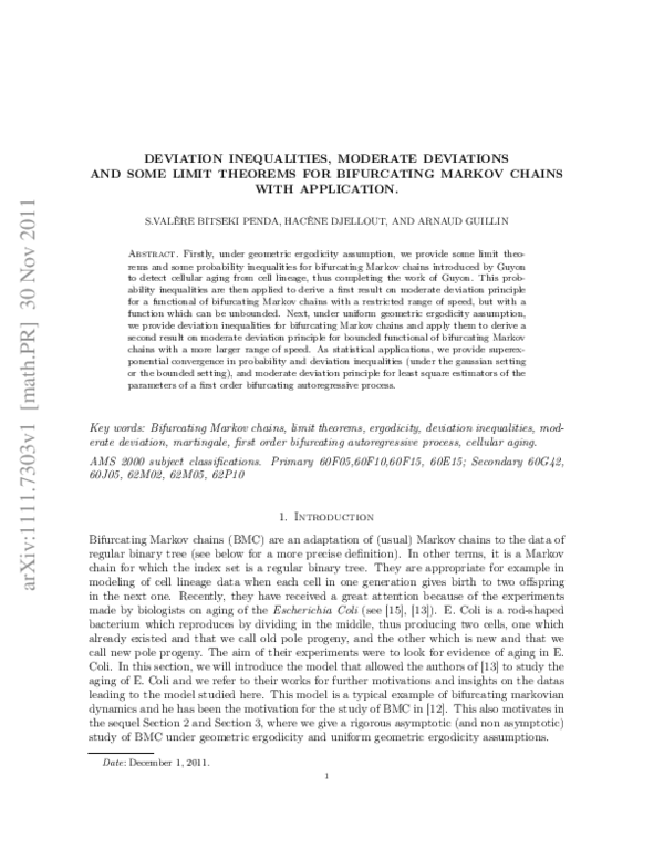 Pdf Deviation Inequalities Moderate Deviations And Some Limit Theorems For Bifurcating Markov