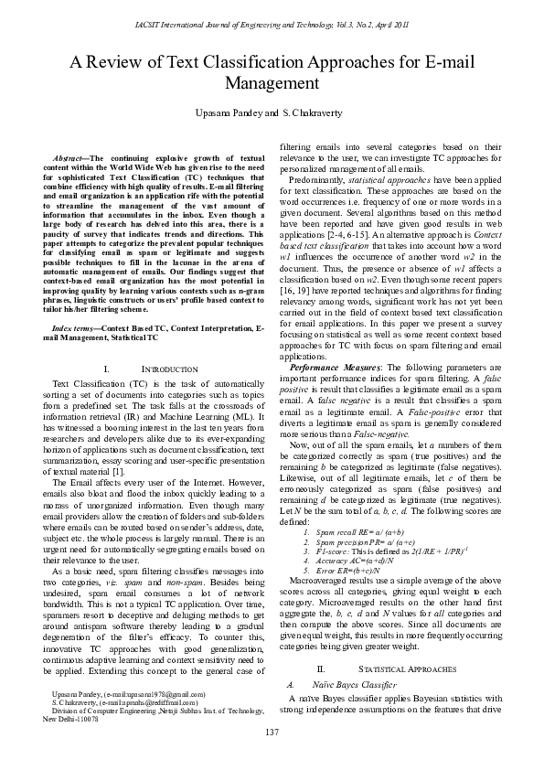 (PDF) A Review of Text Classification Approaches for E-mail Management