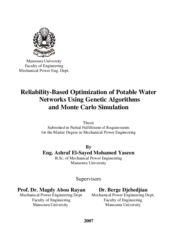 (PDF) Reliability-Based Optimization of Potable Water Networks Using Genetic Algorithms and ...