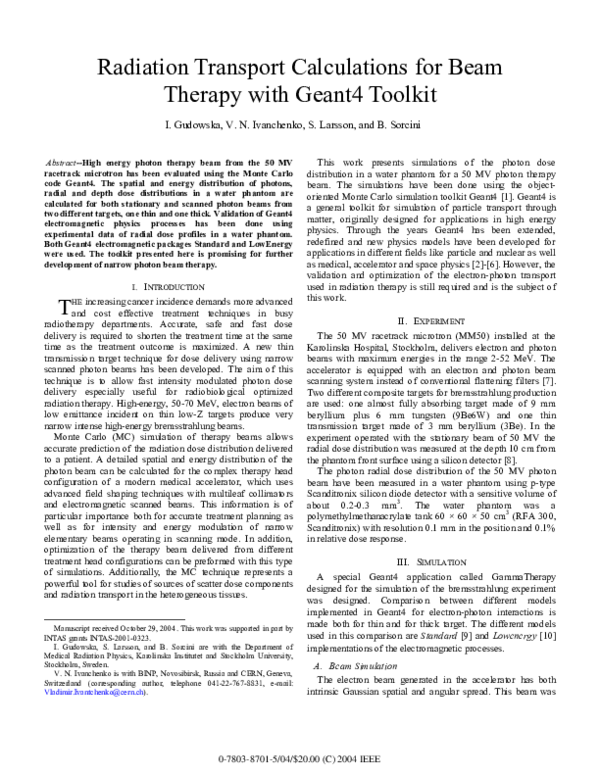 (PDF) Radiation transport calculations for beam therapy with Geant4 toolkit