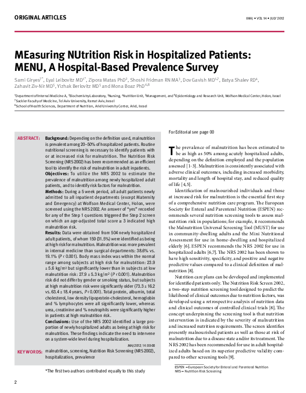 (PDF) MEasuring Nutrition risk in hospitalized patients: MENU, a ...
