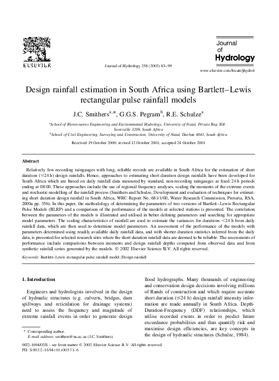 (PDF) Design rainfall estimation in South Africa using Bartlett–Lewis ...