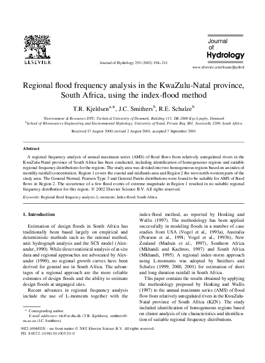 (PDF) Regional flood frequency analysis in the KwaZulu-Natal province, South Africa, using the ...