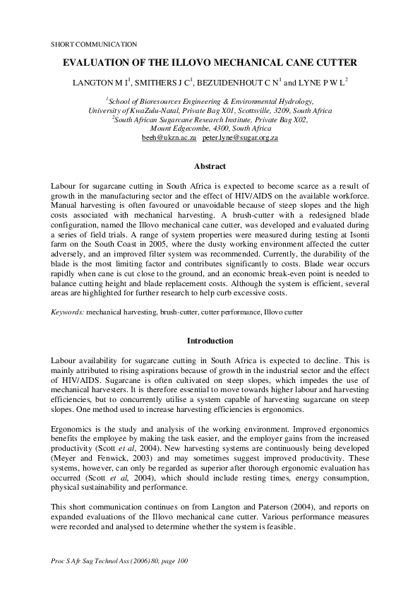(PDF) Evaluation of the Illovo Mechanical Cane Cutter