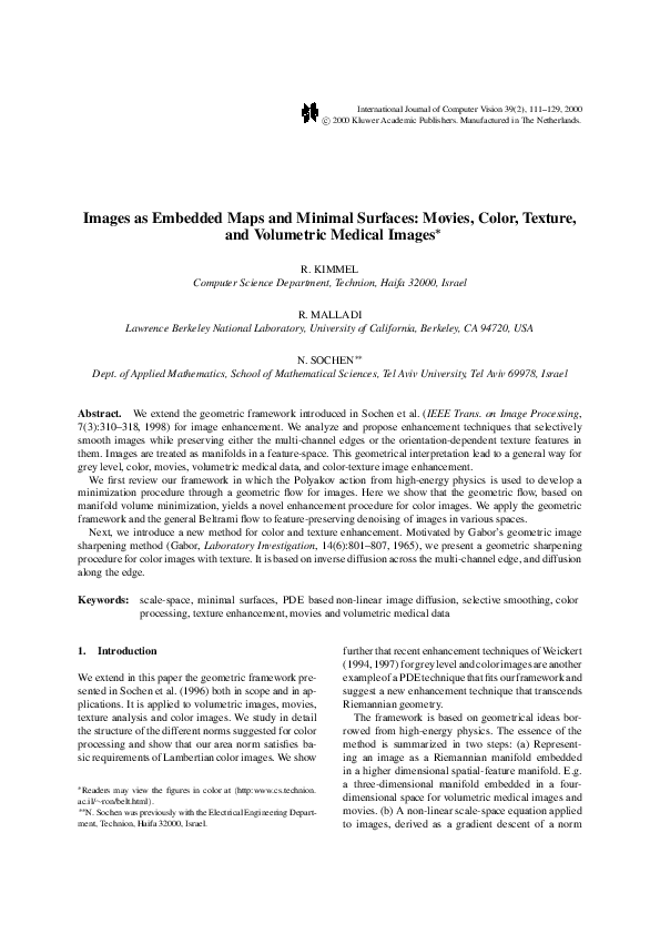 (PDF) Images as embedded maps and minimal surfaces: Movies, color,texture, and medical images ...
