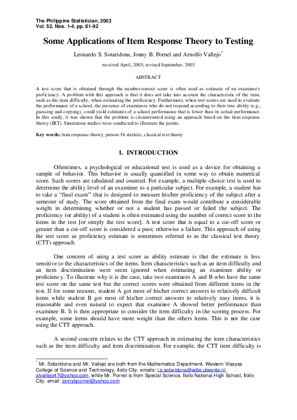 (PDF) Some Applications of Item Response Theory to Testing
