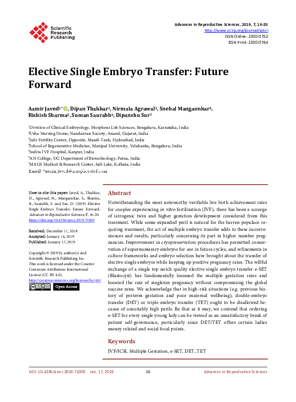 (PDF) Elective Single Embryo Transfer: Future Forward