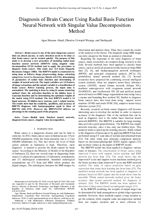 (PDF) Diagnosis of Brain Cancer Using Radial Basis Function Neural Network with Singular Value ...