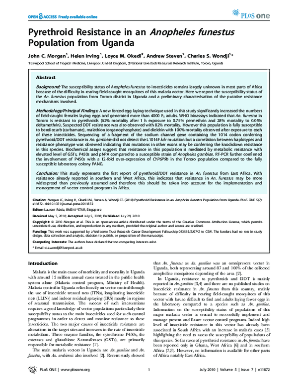 (PDF) Pyrethroid Resistance in an Anopheles funestus Population from Uganda