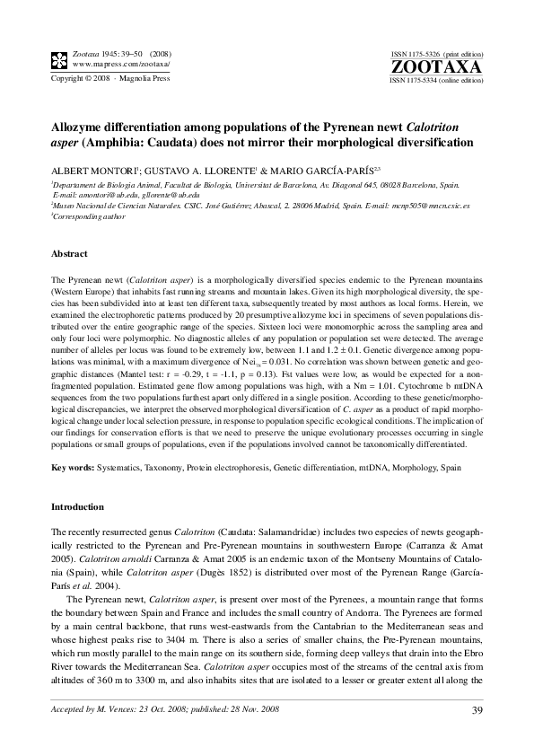 (PDF) Allozyme differentiation among populations of the Pyrenean newt ...