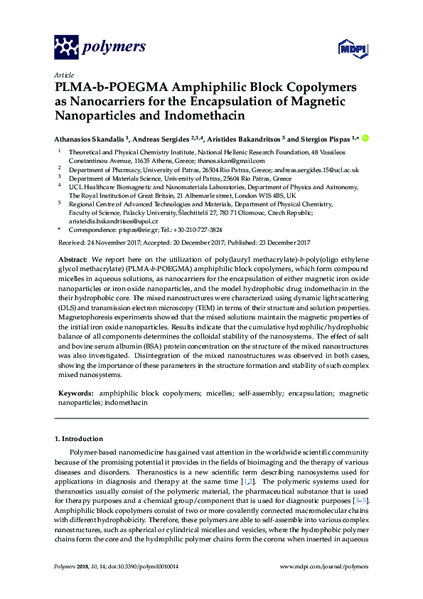 (PDF) PLMA-b-POEGMA Amphiphilic Block Copolymers as Nanocarriers for the Encapsulation of ...