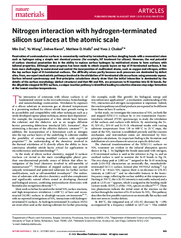 (PDF) Nitrogen interaction with hydrogen-terminated silicon surfaces at the atomic scale