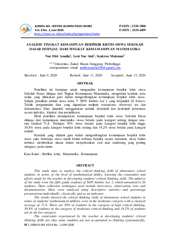 (PDF) Analisis Tingkat Kemampuan Berpikir Kritis Siswa Sekolah Dasar Ditinjau Dari Tingkat ...