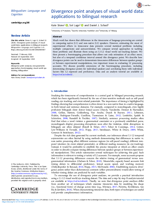 Pdf Divergence Point Analyses Of Visual World Data Applications To