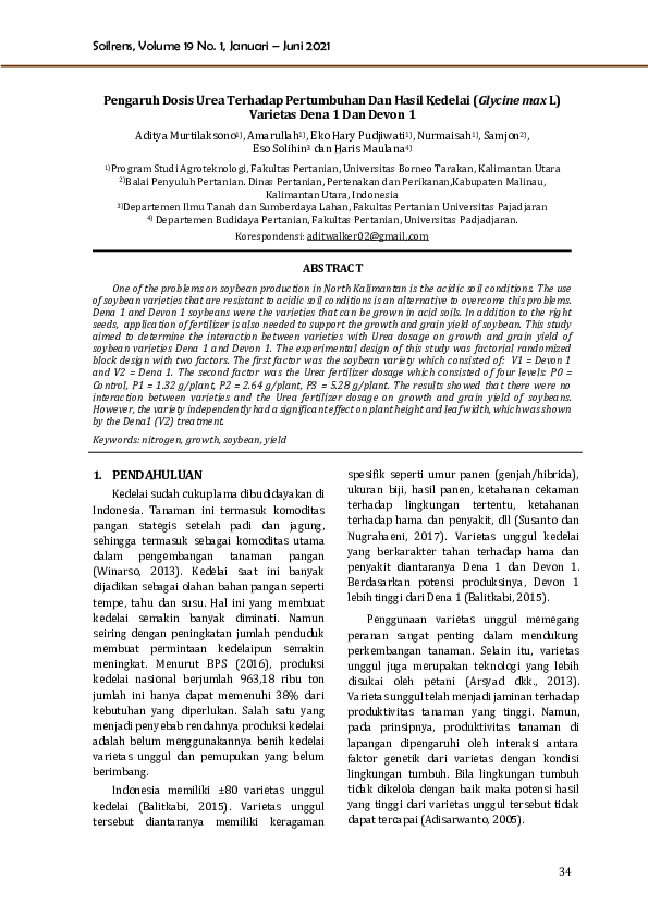 (PDF) Pengaruh Dosis Urea Terhadap Pertumbuhan Dan Hasil Kedelai (Glycine max L) Varietas Dena 1 ...