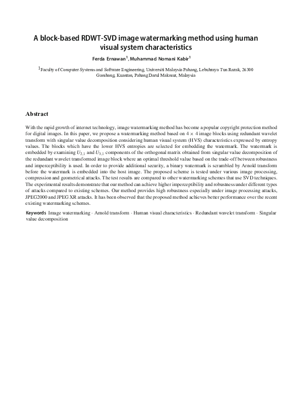 (PDF) A block-based RDWT-SVD image watermarking method using human visual system characteristics