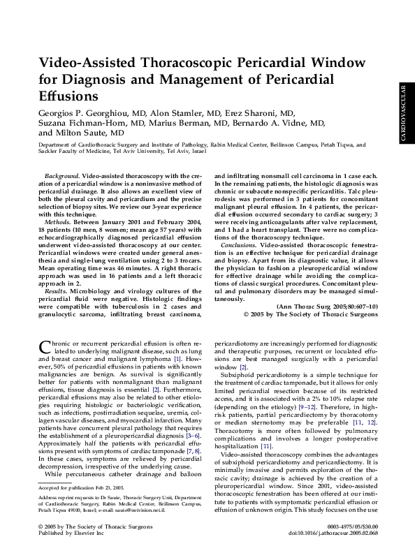 (PDF) Video-Assisted Thoracoscopic Pericardial Window for Diagnosis and ...