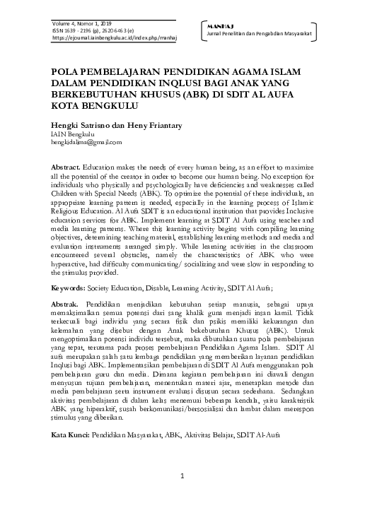 (PDF) Pola Pembelajaran Pendidikan Agama Islam Dalam Pendidikan Inqlusi Bagi Anak Yang ...