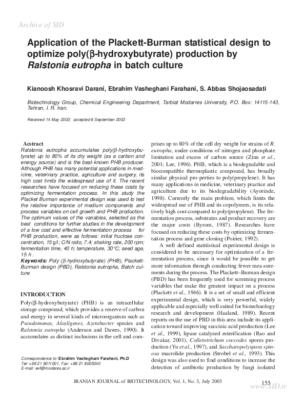 (PDF) Application of the Plackett-Burman statistical design to optimize poly ( beta ...