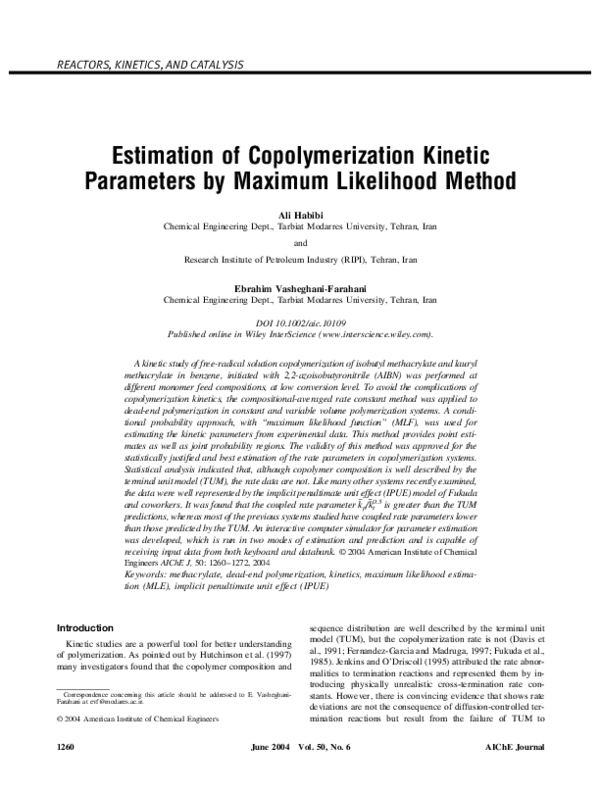 (PDF) Estimation of copolymerization kinetic parameters by maximum likelihood method