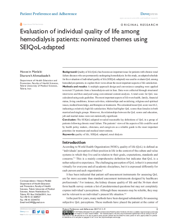 (PDF) Evaluation of individual quality of life among hemodialysis ...