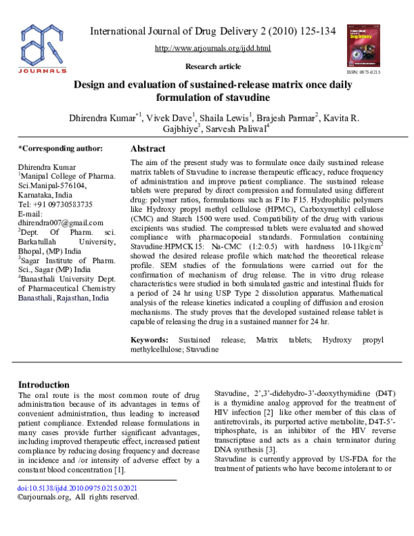 Pdf Design And Evaluation Of Sustained Release Matrix Tablet S For A Nsaid Using Combination