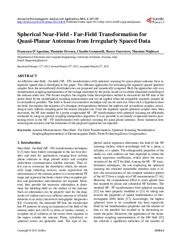 (PDF) Spherical Near-Field - Far-Field Transformation for Quasi-Planar Antennas from Irregularly ...