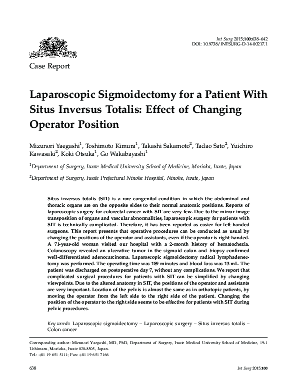 (PDF) Laparoscopic sigmoidectomy for a patient with situs inversus totalis: effect of changing ...