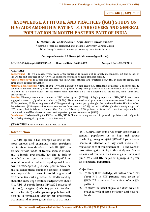 (PDF) Knowledge, Attitude, and Practices KAP study on HIV AIDS among HIV patients, care givers ...