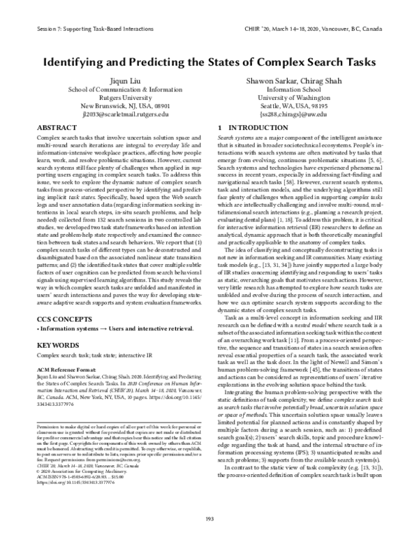 (PDF) Identifying and Predicting the States of Complex Search Tasks