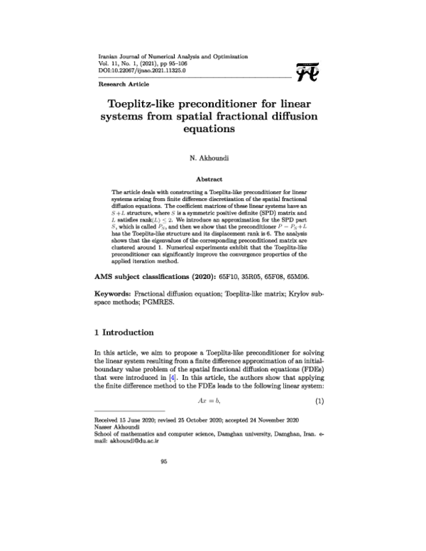 Pdf Toeplitz Like Preconditioner For Linear Systems From Spatial Fractional Diffusion Equations