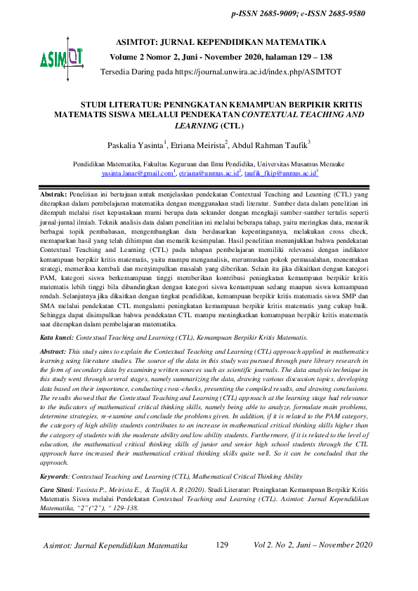 (PDF) Studi Literatur: Peningkatan Kemampuan Berpikir Kritis Matematis Siswa Melalui Pendekatan ...