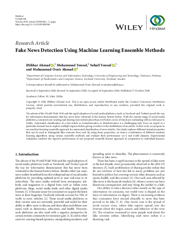 (PDF) Fake News Detection Using Machine Learning Ensemble Methods