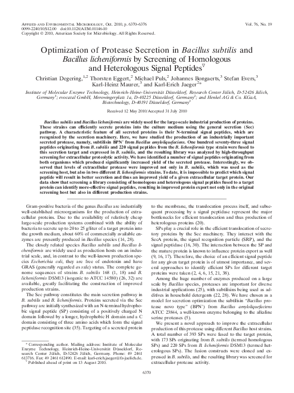 Pdf Optimization Of Protease Secretion In Bacillus Subtilis And Bacillus Licheniformis By