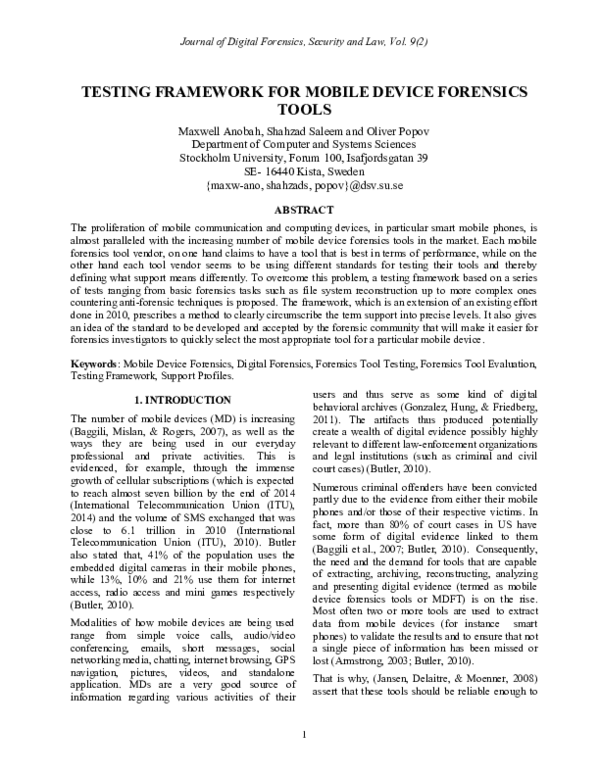 (PDF) Testing Framework for Mobile Device Forensic Tools