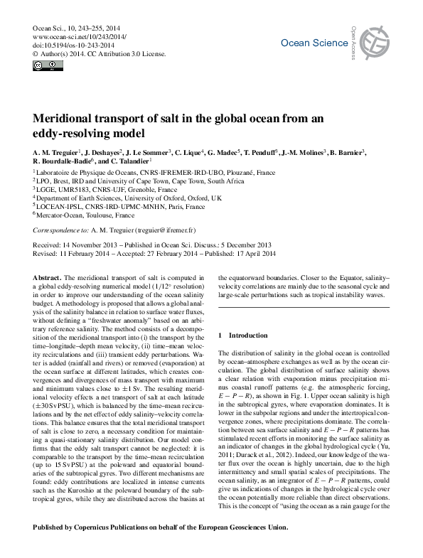 (PDF) Meridional transport of salt in the global ocean from an eddy-resolving model