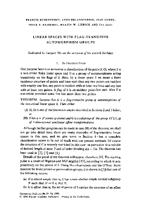 Pdf Linear Spaces With Flag Transitive Automophism Groups