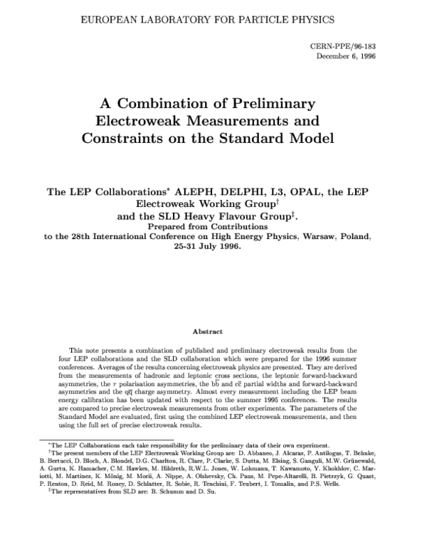 (PDF) A Combination of Preliminary Electroweak Measurements and Constraints on the Standard Model